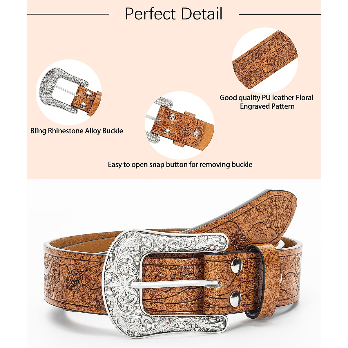 XuoAz Women Vintage-Western PU Leather Rhinestone-Buckle-Belt Cowgirl Bling-Diamond Country Waist Belts(for 33" to 38" Waist)