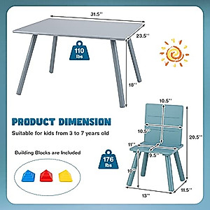 HONEY JOY Kids Table and Chair Set, Pine Wood Toddler Table and 4 Chair Set w/Building Blocks, 5 Pieces Children Furniture Set for Daycare, Classroom, Playroom, Gift for Boys Girls (Blue)