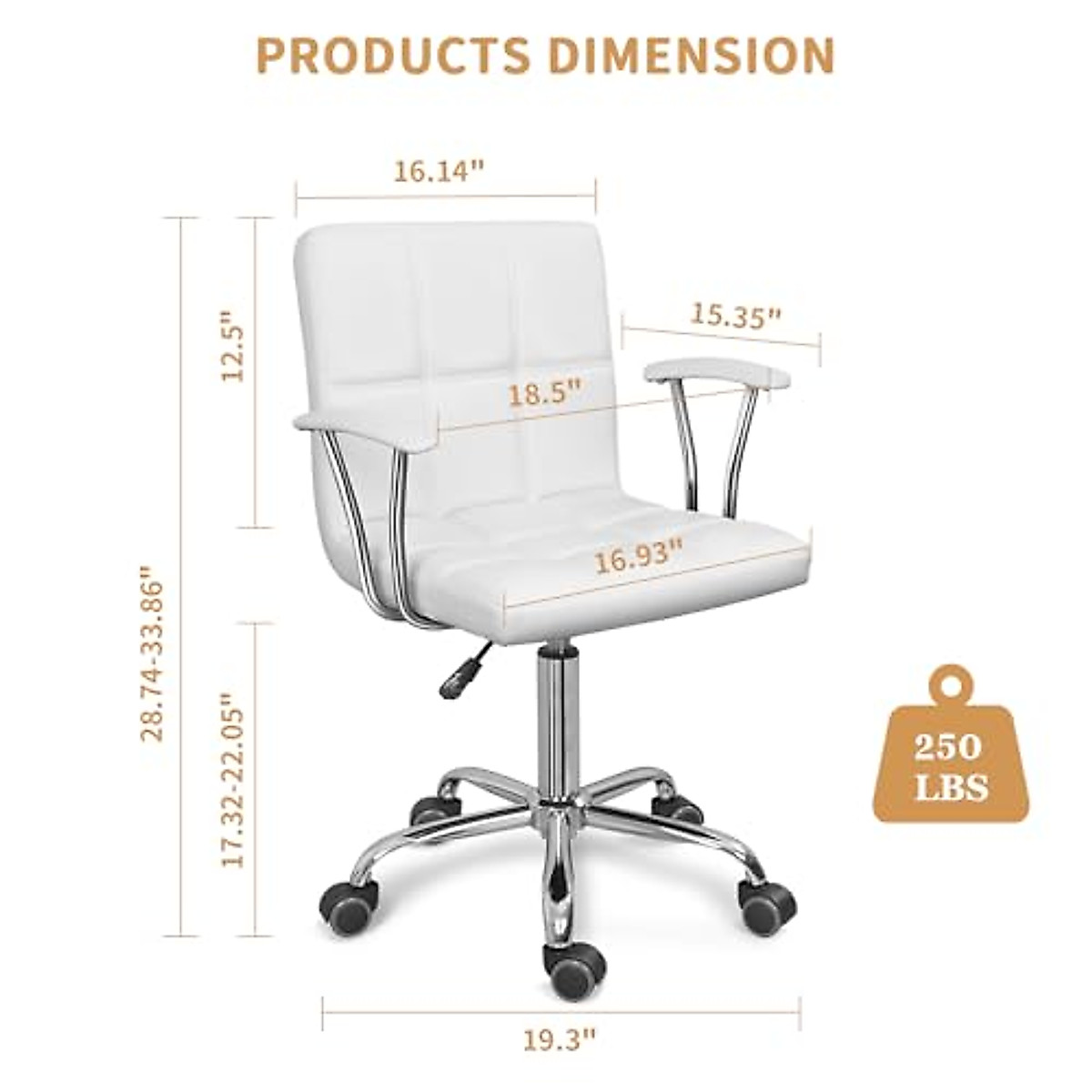 ERGOSEAT Home Office Desk Chair with Armrest and Wheels, Modern PU Leather Mid-Back Office Task Chair, Height Adjustable Swivel Computer Chairs for Home Office, White