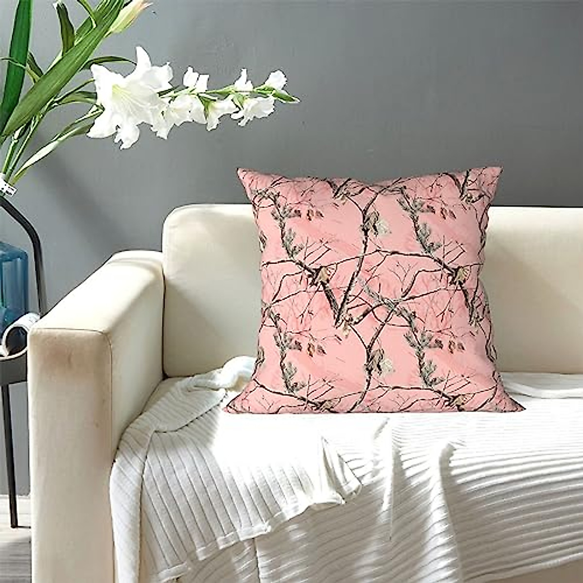 WURTON Pink Leaves Camo Print Throw Pillow Covers, Soft Square Cushion Case,for Sofa, Couch,Bed Chair-18 X 18 Inch