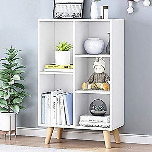 IOTXY Wooden Open Shelf Bookcase - 3-Tier Floor Standing Display Cabinet Rack with Legs, 5 Cubes Bookshelf, Warm White