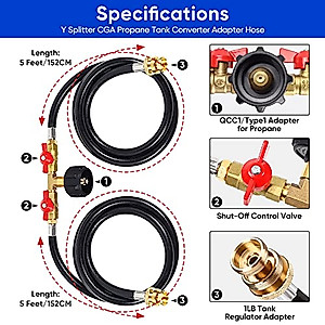 Cxshimi Upgraded Propane 2 Way Y Splitter,5FT CGA Propane Tank Converter Adapter Hose 1 lb Portable Appliance to QCC1/Type1 5-40lb Tank for Gas Grill,Camping Grill Stove