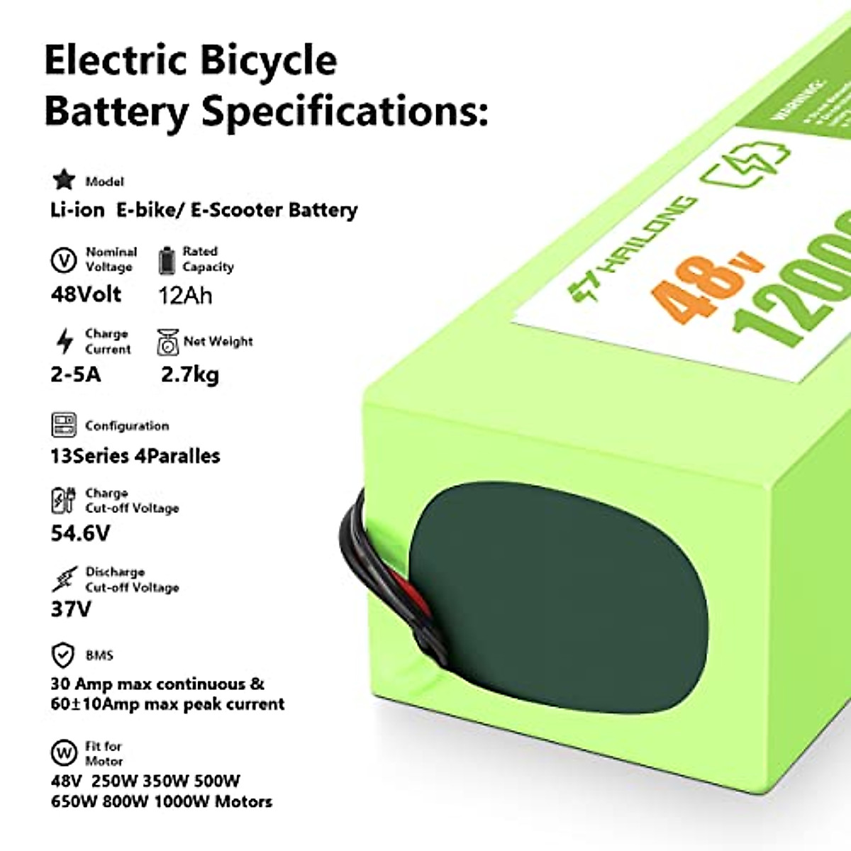 H HAILONG 48V 12AH Lithium Battery, 48V Ebike Battery 12AH with 2A Fast Changer, T-Plug and 30A BMS for 500W 750W 1000W Electric Bicycle Motor(48V 12Ah 200W-800W)