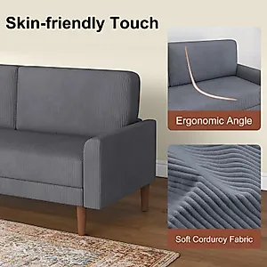 EBELLO 67" Corduroy Modern Sofa Couch, Cozy Comfy Overstuffed 2 Seat Loveseat Couch Sofa with Solid Wood Feet, Soft Padded Seat Small Living Room Futon for Apartment, Gray