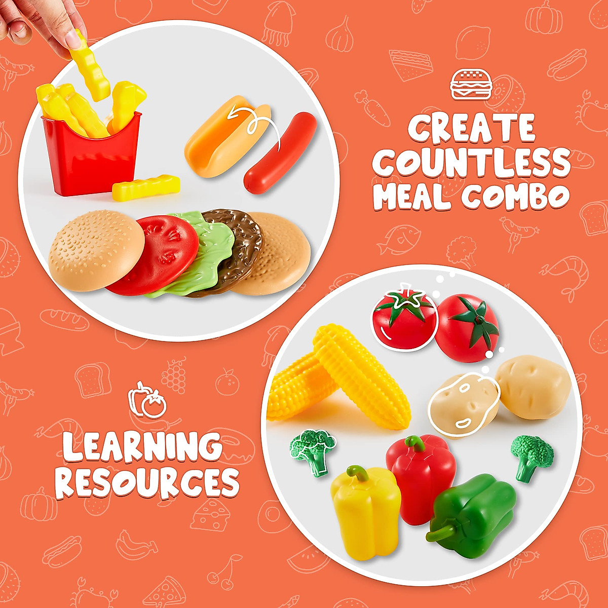 JOYIN 135Pcs Kids Play Food Set, Value Pretend Food for Play Kitchen with Fruit, Vegetable, Food Can, Dessert, Tableware, Bottles, Dramatic Plastic Food Toys for Toddler Boys Girls 3+ Years