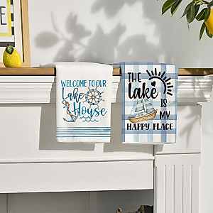 Artoid Mode Buffalo Plaid Stripes Anchors Lake Summer Kitchen Towels Dish Towels, 18x26 Inch Seasonal Decoration Hand Towels Set of 4