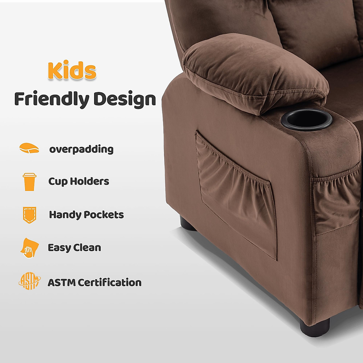 MCombo Big Kids Recliner for Ages 3+, Child Recliner Chair, Toddlers Recliner Sofa with Cup Holders (Velvet, Brown)