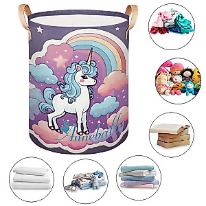 Custom Name Large Laundry Basket Cute Rainbow Unicorn Personalized Collapsible Waterproof Laundry Hamper Dirty Clothes Toys Storage Bin with Handles