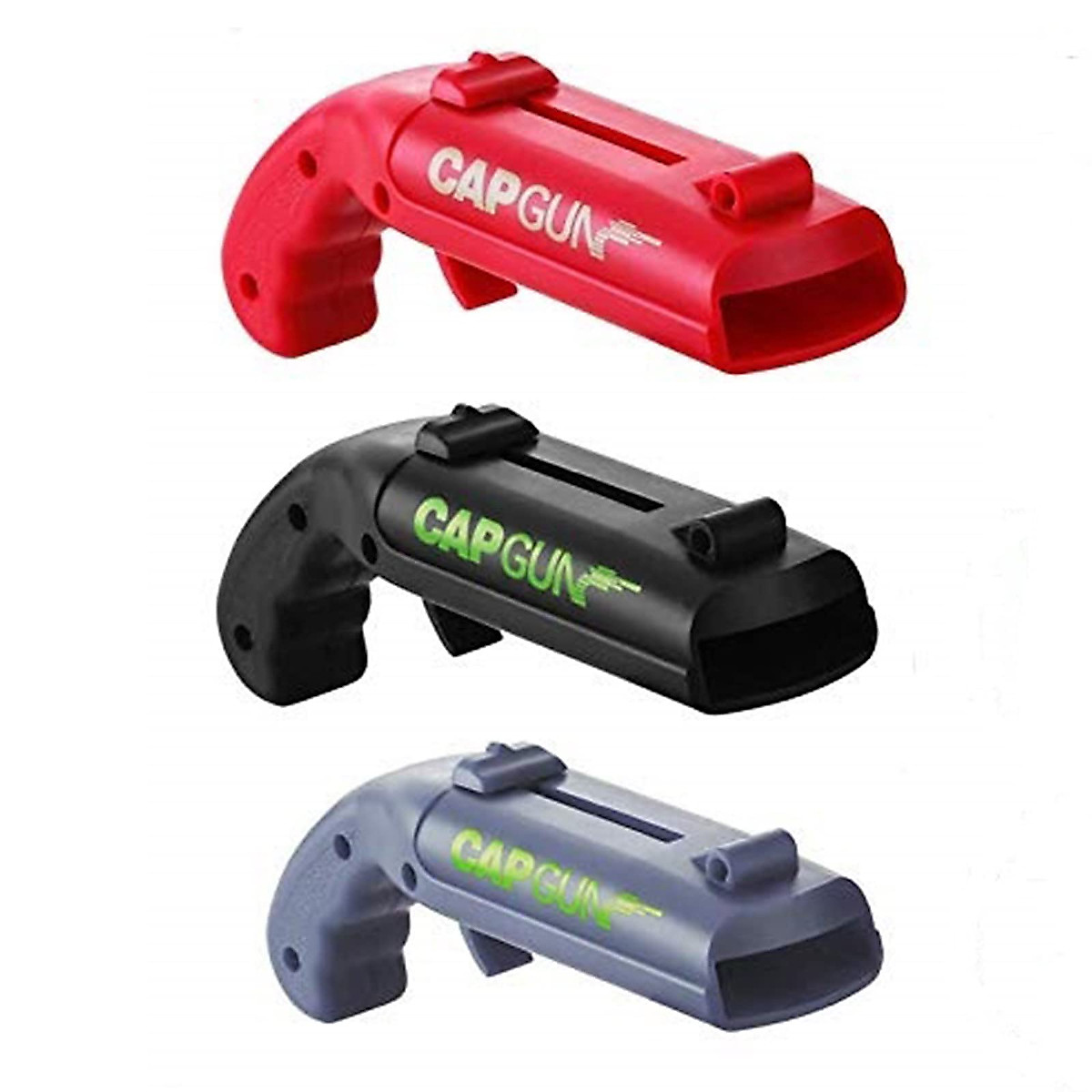 Cap Gun Bottle Opener [ 3 in 1 Pack], Beer Bottle Opener sets, Gamer Bottle Opener, Creative Cap Gun Toy for Bulk Party favors Home Party Bar Game - Shoots Over 5 Meters (Grey and Red and Black)