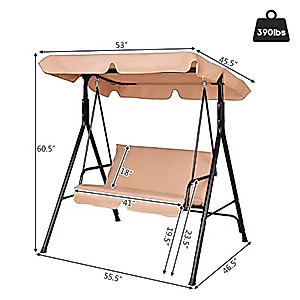 SILKYDRY 2-Person Outdoor Patio Swing Chair, Adjustable Canopy Porch Swing w/Powder Coated Steel Frame & Padded Cushion Seat, Loveseat Lounge Swing for Patio, Garden, Balcony & Backyard(Brown)