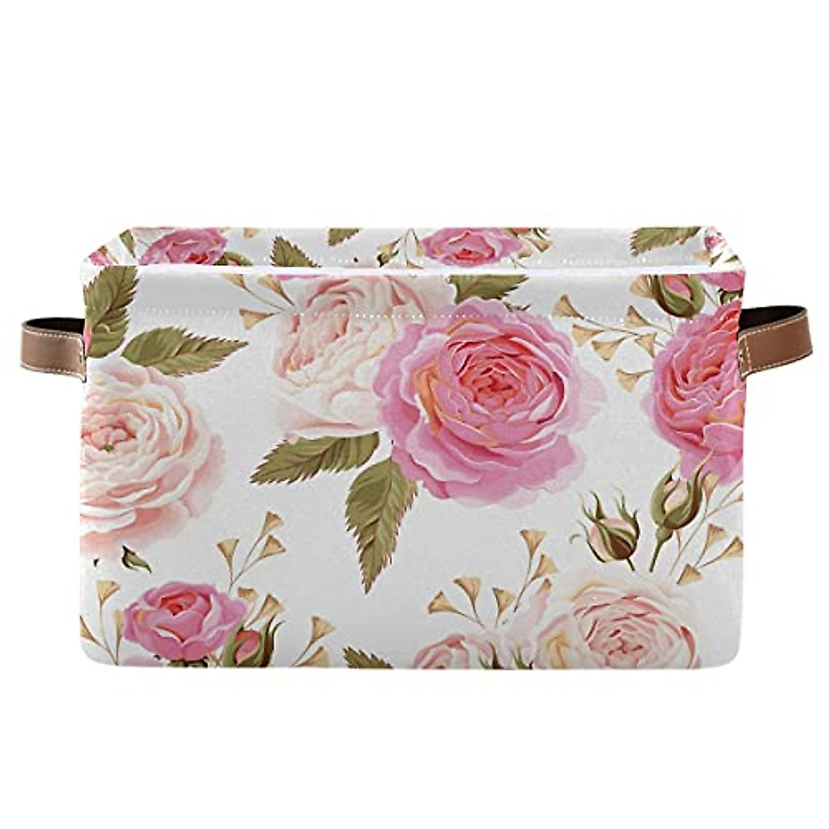 AGONA Spring Pink Rose Floral Flower Foldable Storage Bin Large Collapsible Fabric Storage Box Organizer Containers Baskets with Leather Handles for Shelves Home Bedroom Organizer Nursery Office 2 Pac