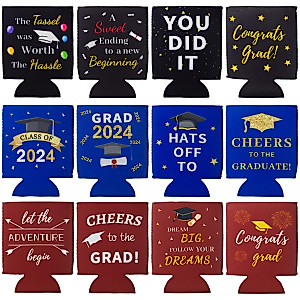 12 Graduation Can Cooler Sleeves Funny Neoprene Beer Can Covers for Class of 2024 Can Beverage Grad Party Supplies