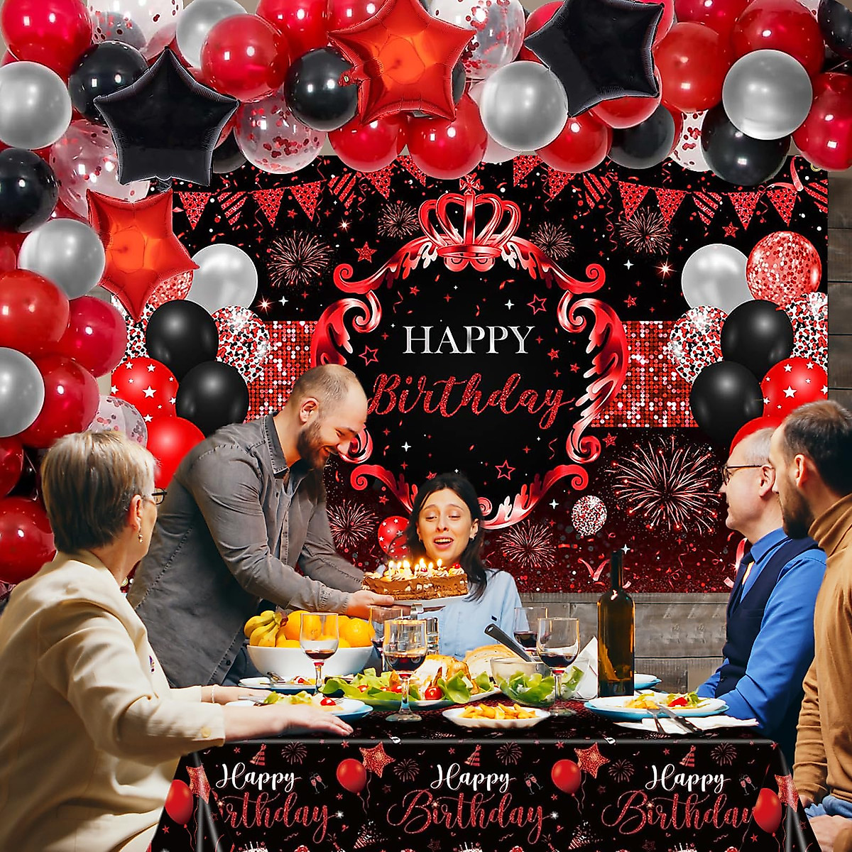 Lecheme Red and Black Birthday Decorations Happy Birthday Backdrop 66 Pcs Balloons Set Red and Black Birthday Party Supplies for Men Women Red Party Decorations for Birthday