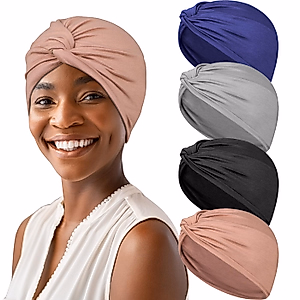 ASKNOTO 4 Pieces Soft Hair Turbans, Pre Tied Headwrap Knot Pleated Chemo Headwear for women