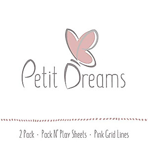 Petit Dreams Pack N Play Mini-Crib Sheet Jersey Knit Cotton for Baby Girl Flexible Fit for Standard Mini-Crib Mattresses, Dotted Stripes & Grid Lines, Pink, (Pack of 2)