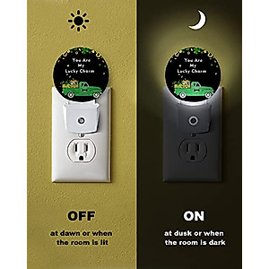 St.Patrick Day Truck Gold Coins Clover Night Lights Plug into Wall, Green Black Auto Round LED Lights with Dusk to Dawn Sensor for Bedroom, Bathroom, Hallway, Kitchen, Kids, Home Decor