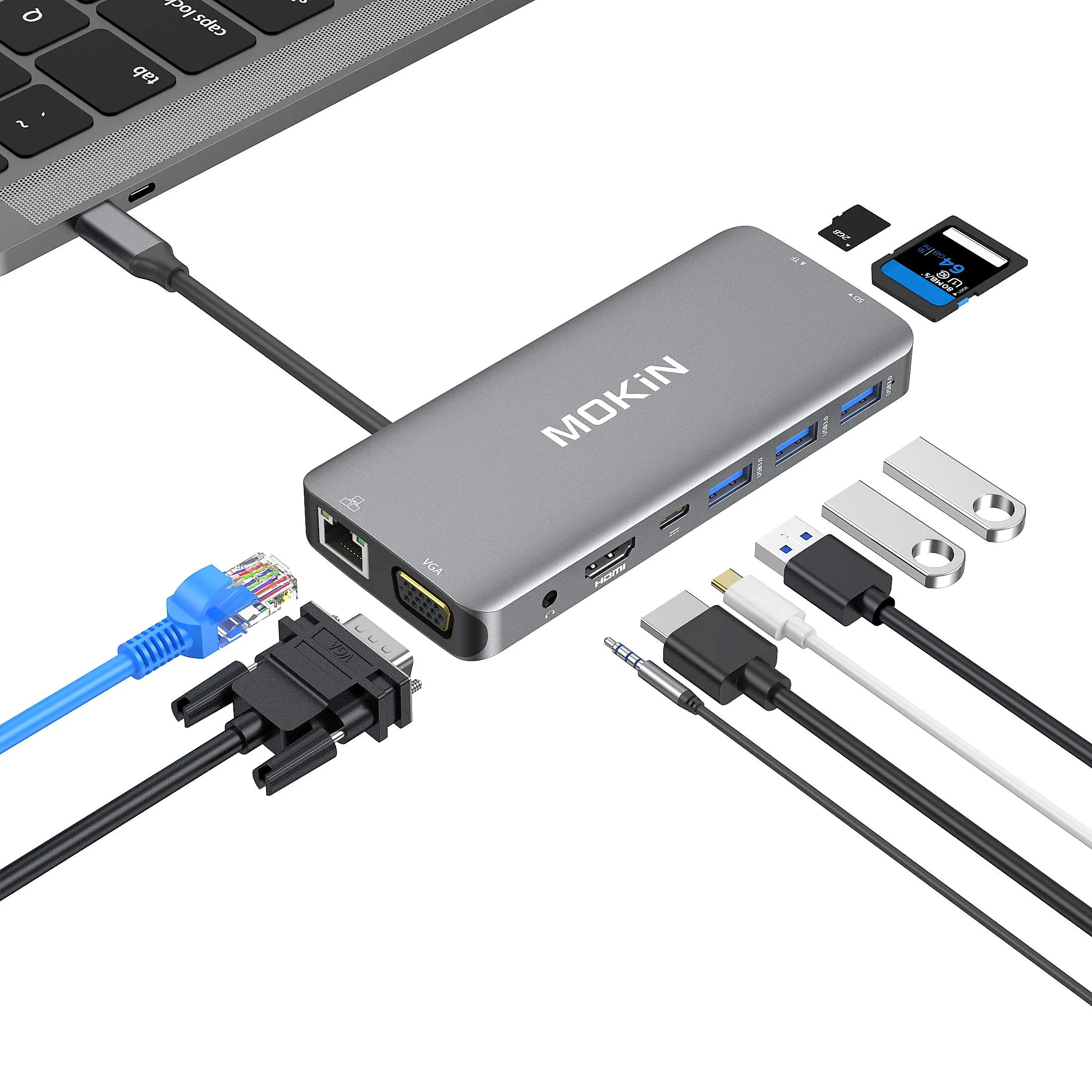 USB C Hub Multiport Adapter - 10 in 1 Portable Dongle with 4K HDMI, VGA, Ethernet, 3 USB Ports, Audio, PD Charger, SD/Micro SD Card Reader Compatible for MacBook Pro, XPS More Type C Devices.