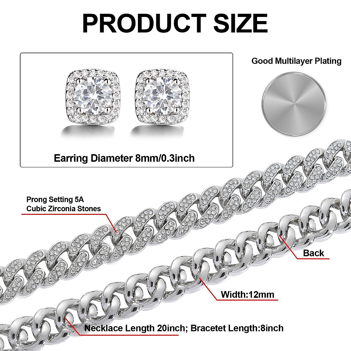 Mens Chains Diamond Cuban Link Chain Necklace Bracelets Set for Men Women Bling Bling Hip Hop Jewelry (Silver 20IN)