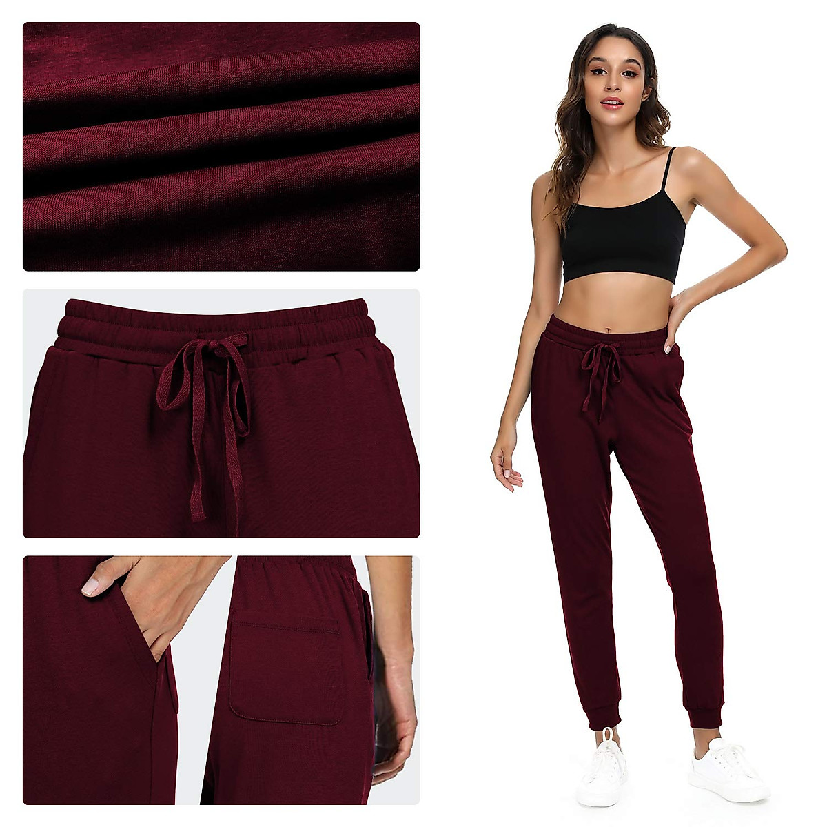 HAOMEILI Women's Active Cotton Tapered Workout Yoga Lounge Track Pockets Pants, Wine Red, X-Large