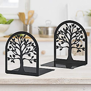 MAXFOUNDRY Bookends Pair - Book Ends to Hold Books, Tree of Life - Home, Office & Bookshelf Decorative Book Stopper - Rust-Proof Metal & Anti-Slip - Shelves Bookend Holder - Black