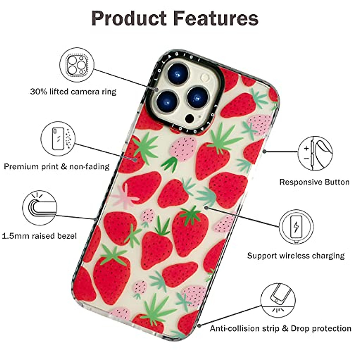 LOLAGIGI for iPhone 14 Pro Case for Women, Cute Strawberry Print Girly Design Kawaii Fruit Cartoon Pattern for Girls Teens Soft Clear TPU Case Cover for iPhone 14 Pro (6.1")