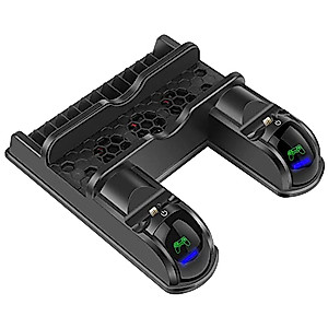 PS4 Stand Cooling Fan Station for Playstation 4/PS4 Slim/PS4 Pro, PS4 Vertical Stand with Dual Controller Port Charger Dock Station, 12 Game Slots, USB Fast Charging Station with LED Indicator