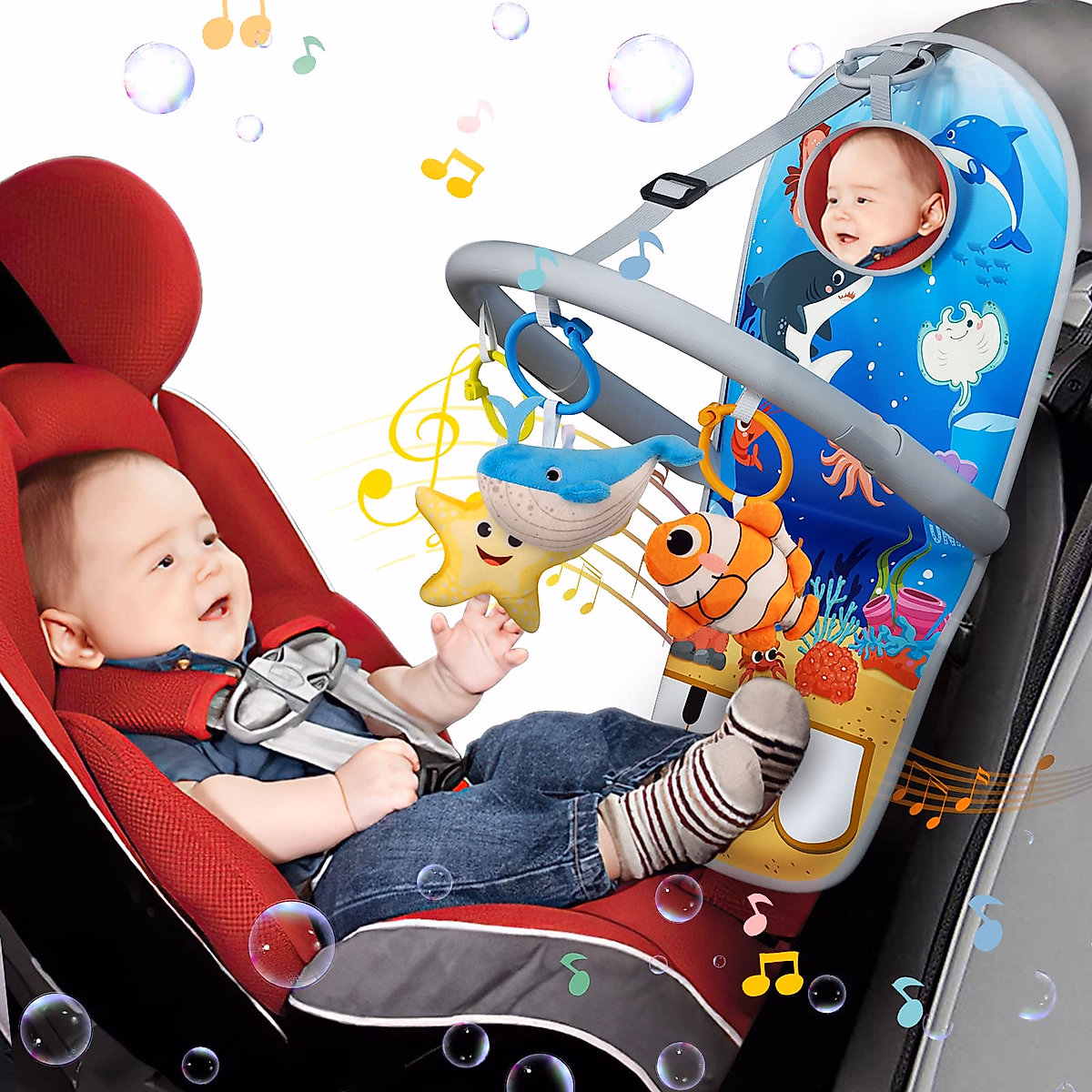 Baby Car Seat Toys for Travel 6 to 12 Months, Adjustable with Musical Pedal Piano, Baby Mirror and Hanging Squeaky Sensory Soft Infant Toys, Rear Facing