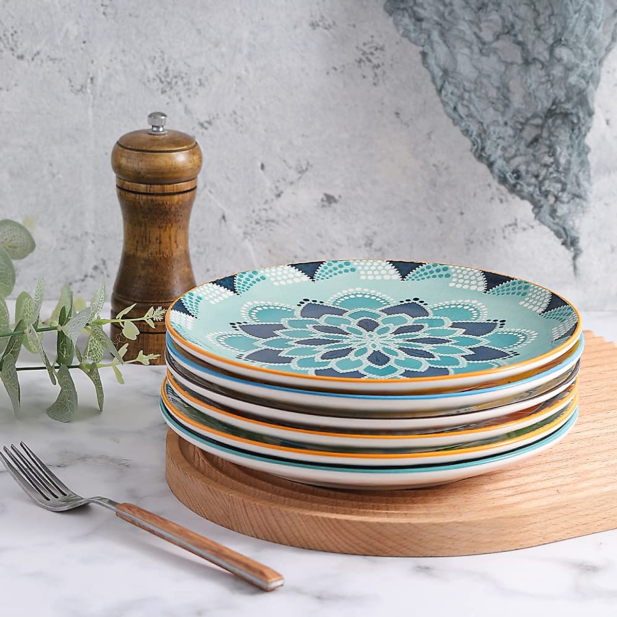 AHX Plate Set 8 Inch - Salad Plates | Dessert Appetizer Plates Colorful - Porcelain Lunch Plates - Set of 6 - Dishwasher and Microwave Safe