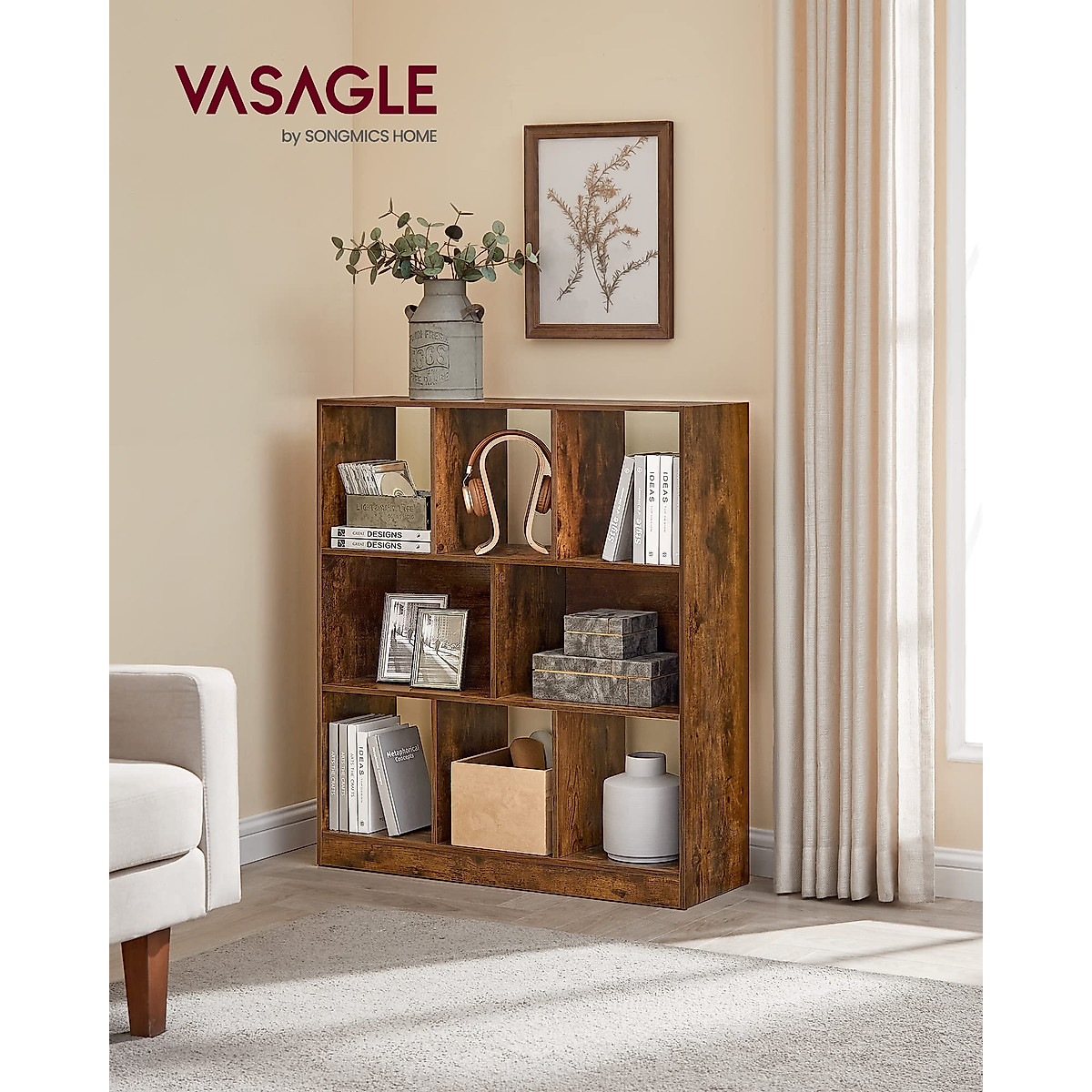 VASAGLE Bookcase, Bookshelf, Freestanding Storage Unit, 8 Open Compartments, Used Horizontally, Vertically, Upside Down, 11 x 35.4 x 39.4 Inches, for Living Room, Study, Office, Rustic Brown ULBC55BX