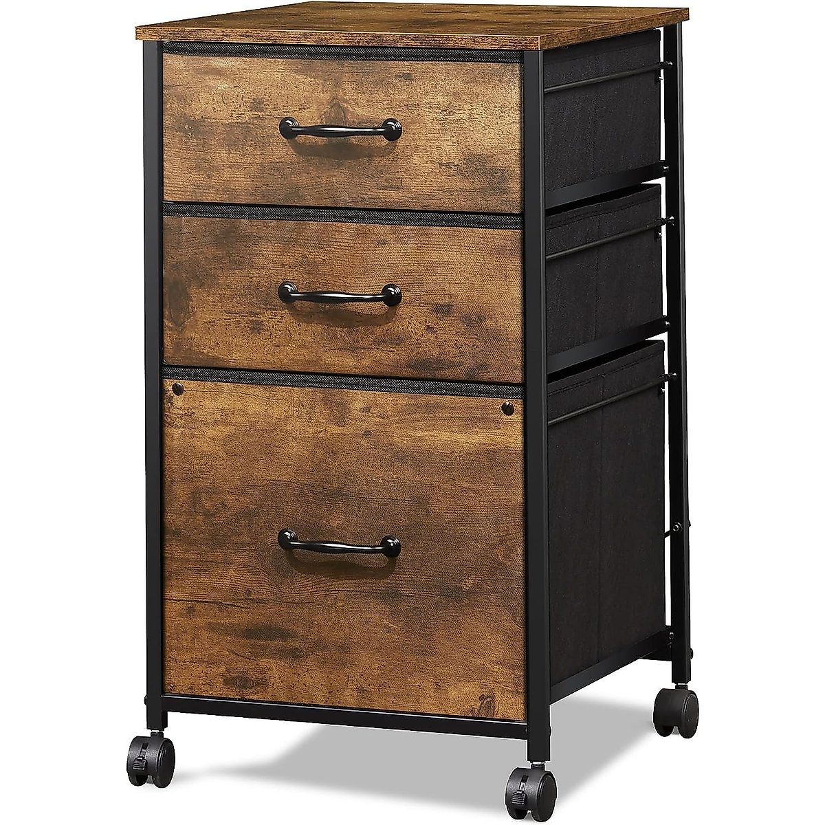 DEVAISE Mobile File Cabinet, Rolling Printer Stand with 3 Drawers, Fabric Vertical Filing Cabinet fits A4 or Letter Size for Home Office, Rustic Brown Wood Grain Print