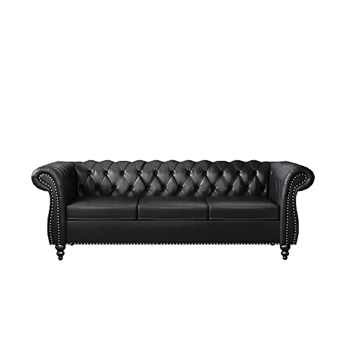 NOSGA Modern 3 Seater Couch, Large Sofa Furniture, Roll Arm Classic Tufted Chesterfield Settee Leather Sofa with Channel Tufted Seat Back for Living Room, Black PU