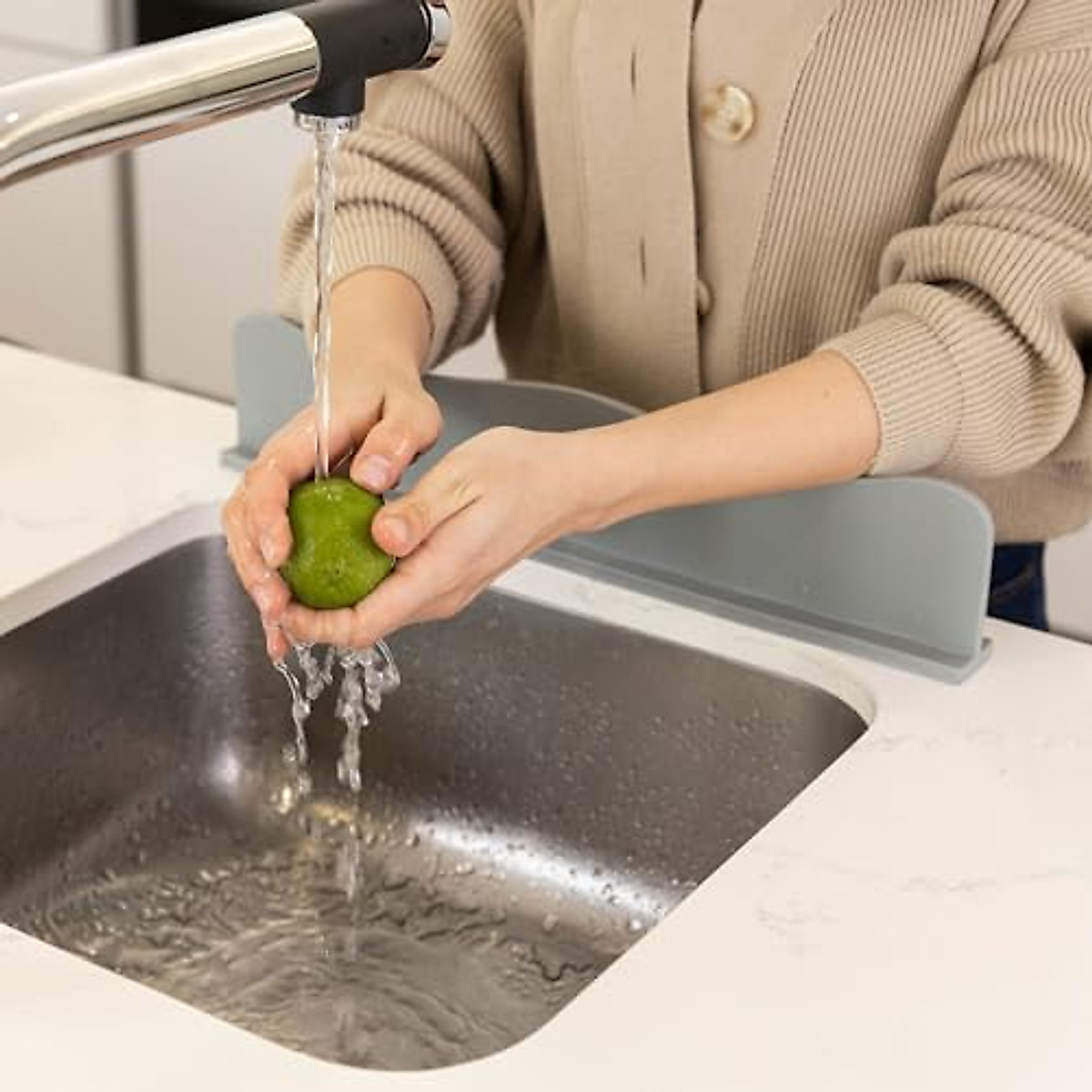 TYOARO Silicone Sink Splash Guard - Water Splash Guard for Kitchen, Island and Bathroom - Secure Non-Slip Suction Cup Base - Dishwasher Safe, Gray (17.4 x 1.7 x 3.6")