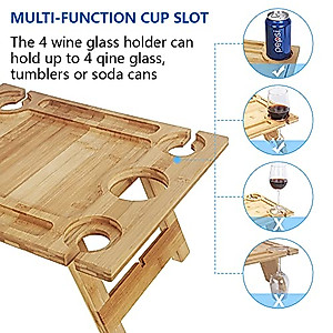 Livoccur Portable Wine Picnic Table, Folding Bamboo Snack Table with Wine Bottle and Glass Holder for Camping, Beach, Park, Ideal Wine Lover Gift