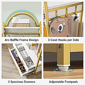 LITTLE TREE Tall Clothes Rack Shelves with Shelves Drawers and Hooks, Modern Arced Closet Organizer Heavy Duty Garment Clothing Freestanding Wardrobe Storage Shelving with Hanging Rod, White Gold