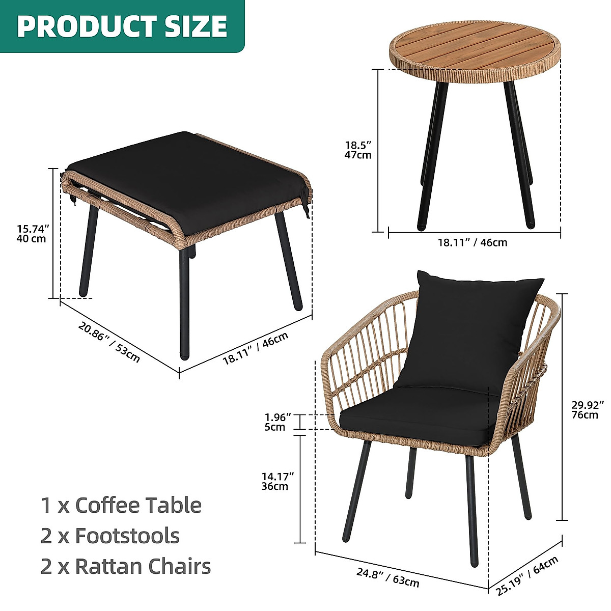 YITAHOME 5-Piece Outdoor Wicker Furniture Set, All-Weather Patio Bistro Set with Footrest, Small Patio Conversation Set for Balcony Outside, Outdoor Chairs with Ottomans and Coffee Table - Black