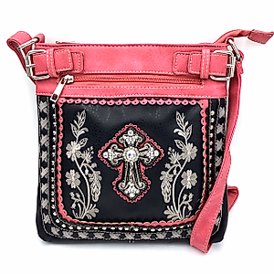 Justin West Floral Autumn Leaf Embroidery Rhinestone Conceal Carry Handbag Wallet (Black Messenger)