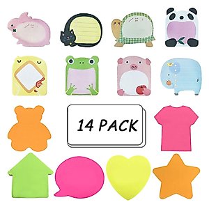 Sticky Notes, Self-Stick Removable Shaped Sticky Notes - 14 Pads - 100 Sheets 6 Pad Shaped Notes -20 Sheets 8 Pad Animal Notes(14 Pack)