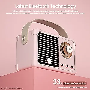 SpringFlora Retro Bluetooth Speaker, Wireless Vintage Small Speaker with Stereo Sound,Hands-free Call,400mA Battery,TF Card,Aux Line, Water-Proof For iOS Android Smartphone Home Office Gift Ideas Pink