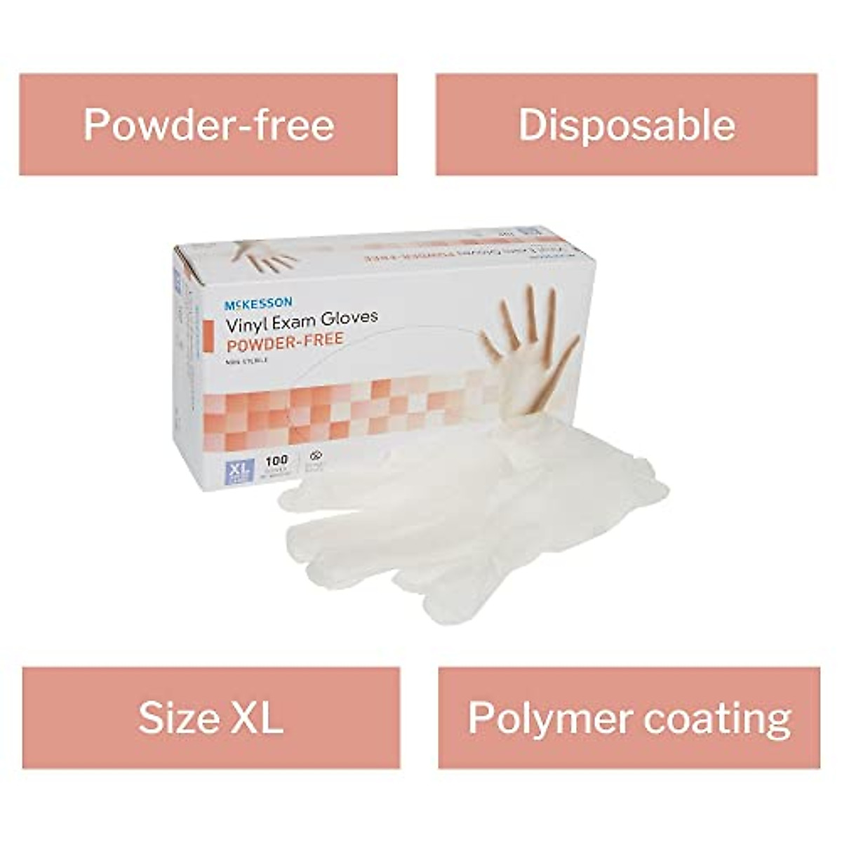 McKesson Vinyl Exam Gloves, Non-Sterile, Powder-Free, XL, 100 Count, 1 Box