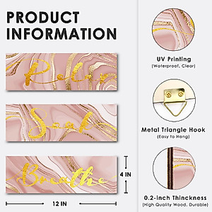 3 Pieces Funny Rustic Wooden Art Wall Hangings Relax Soak Breathe Pink Gold Marble Style Wood Signs 12 X 4 Inches for Home, Living Room, Bedroom, Yoga Room Wall Decor