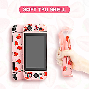 FANPL Pink Carry Case Bundle for Nintendo Switch, Cute Case Accessories Set for Switch with Hard Travel Case, Soft TPU cover, Adjustable Strap, Screen Protector, Thumb Grip Caps (Cute Pink Strawberry)