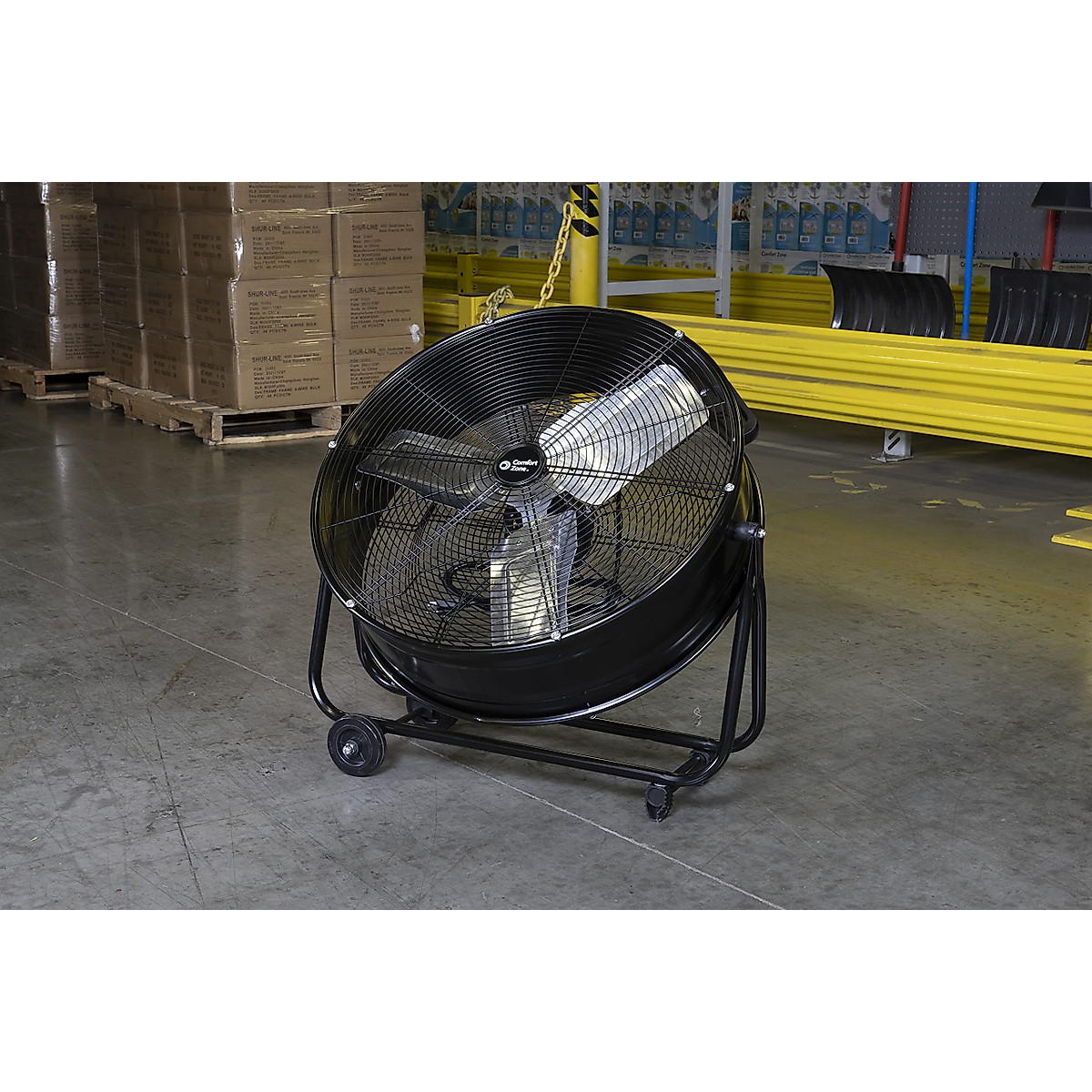 Comfort Zone CZMC24 24" 2-Speed High-Velocity Industrial Drum Fan with Aluminum Blades, 180-Degree Adjustable Tilt and Built-In Rubber Wheels