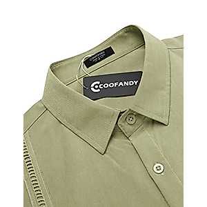 COOFANDY Men's Casual Dress Shirt Solid Short Sleeve Button Up Summer Shirts Cuban Shirt## Light Green