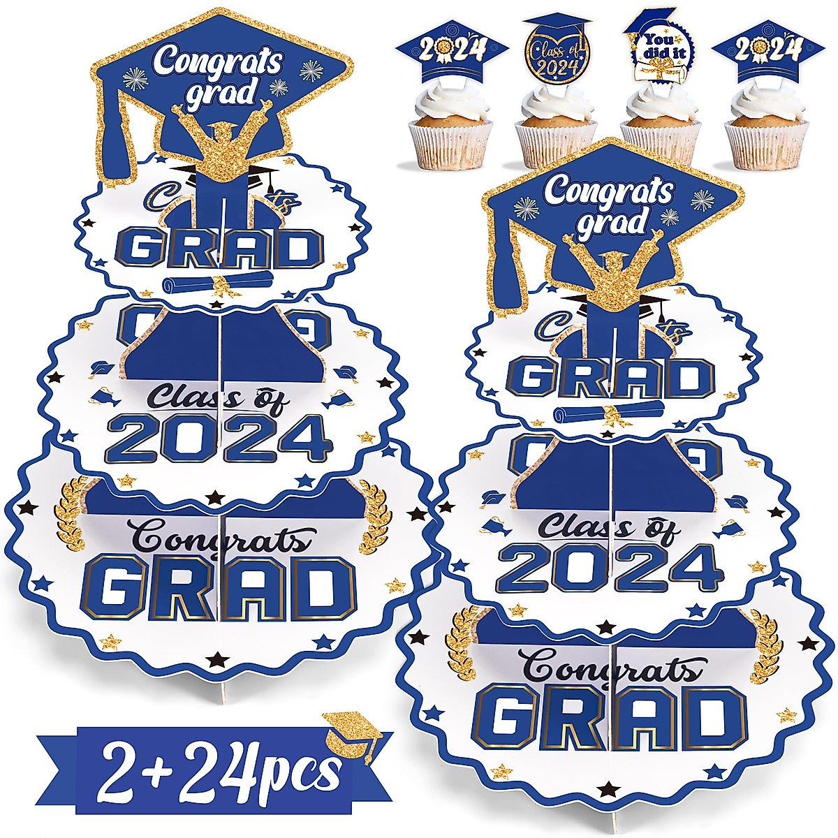 jollylife 2 Set Graduation Decorations Class of 2024 Blue and Gold Cupcake Stand,3-Tier Cardboard Congrats Grad Tower Plus 24 Cake Toppers Party Supplies Decor(Assembly Needed)