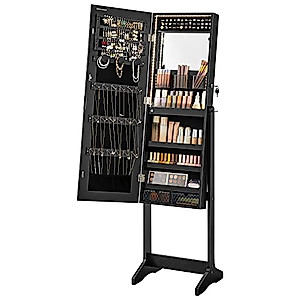 SONGMICS Mirror Jewelry Cabinet Standing Armoire Organizer, Jewelry Storage with Full-Length Frameless LED Lights, Built-in Makeup Mirror, 2 Drawers, Lockable, Black UJJC023B01