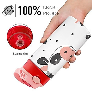 Stainless Steel Water Bottles Cartoon Cow Print Travel Water Cups with Handle And Silicone Straw Drinking Cup with Leak Proof Lid Thermo Travel Mug for Women Men