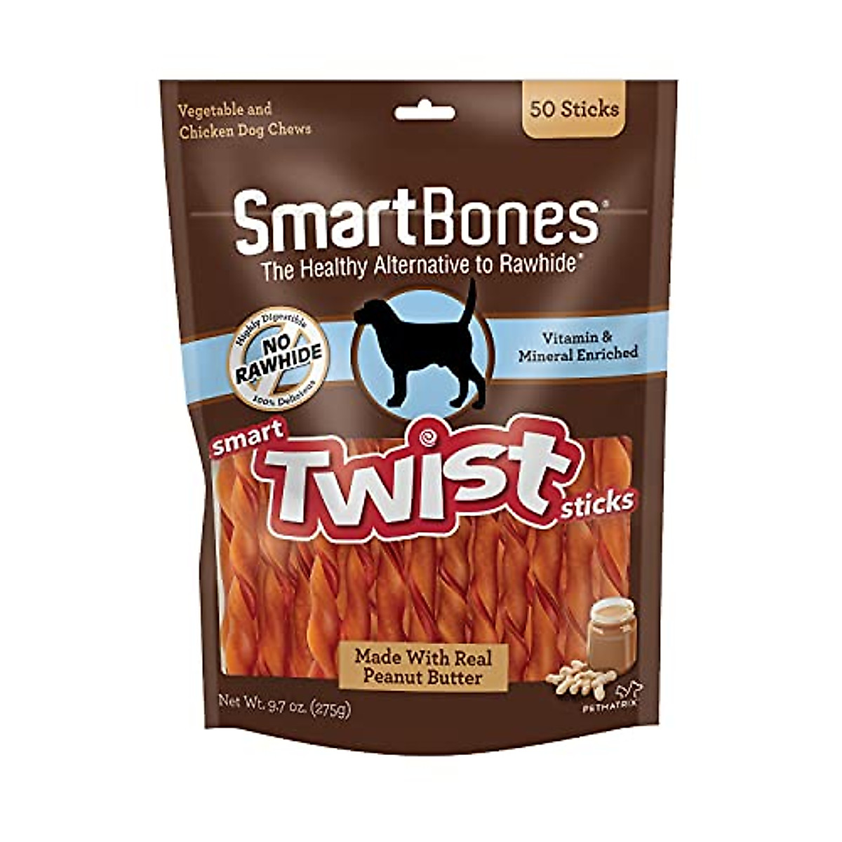 DreamBone Twist Sticks with Real Bacon and Cheese Flavor 50 Count, Rawhide-Free Chews for Dogs & SmartBones Smart Twist Sticks with Peanut Butter 50 Count