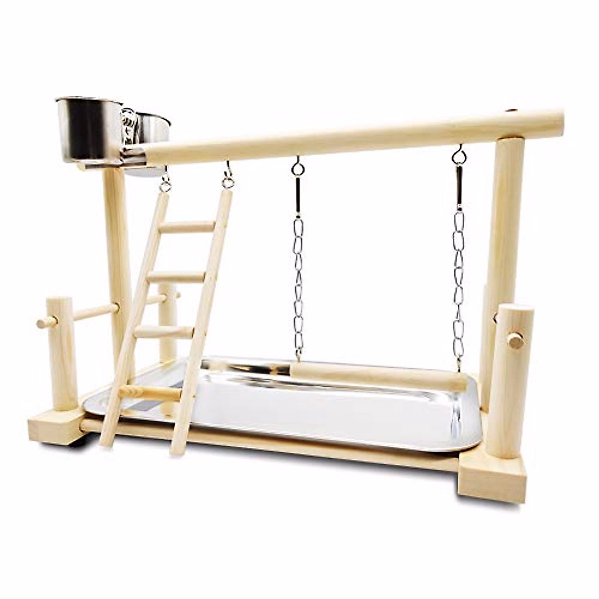 Bird Perch Parrot playstand Wood Perch Gym Cockatiel Swing Ladder with Feeder Cups Toys 14.1in×9.8in×9in