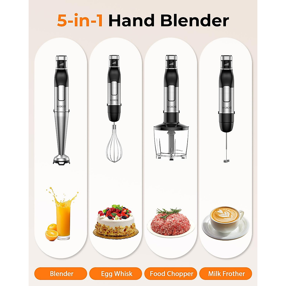 KOIOS Immersion Blender, 1100W Trigger Variable Speed Hand Blender, 5-in-1 Immersion Blender Handheld, Anti-scratch Stick Blender with Chopper, Whisk, Beaker and Frother, Non-BPA