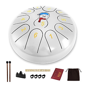 Steel Tongue Drum - 11 Note 6 Inch Tongue Drum Instrument - Hand Pan Drums with Music Book, Steel Handpan Drum Mallets and Carry Bag, C Major for Meditation or Yoga,Gift for Kid or Adults(White)